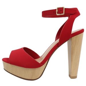 Shoes | Red Open Toe Ankle Strap Woode Platform Heels | Poshmark